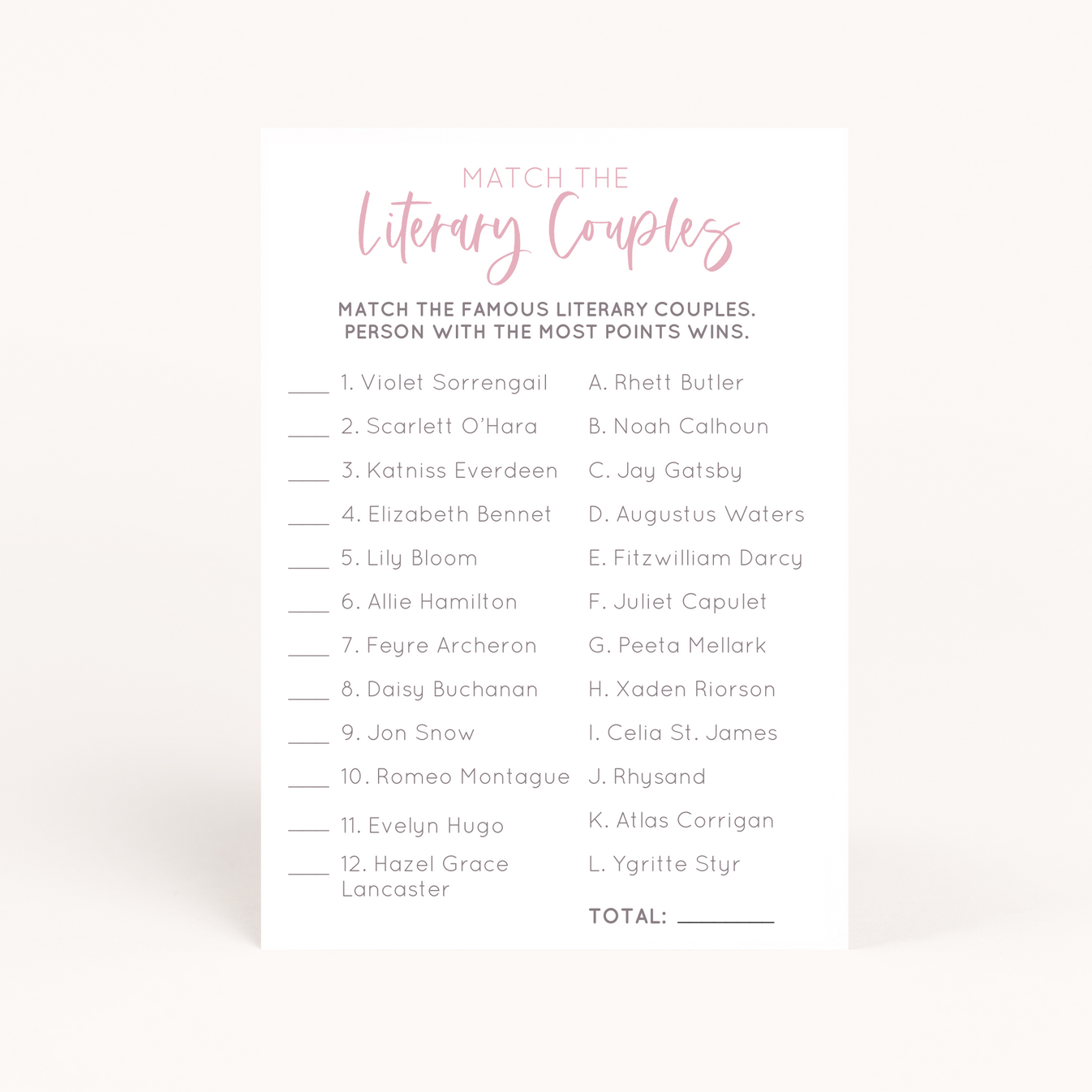 Book Club Literary Couples Game Printable – awdesignsprintables