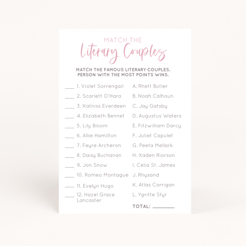 Book Club Literary Couples Game Printable – awdesignsprintables