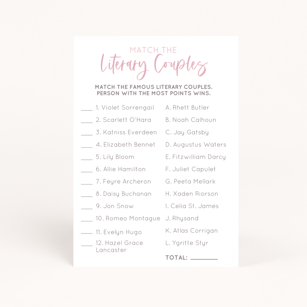 Book Club Literary Couples Game Printable – awdesignsprintables